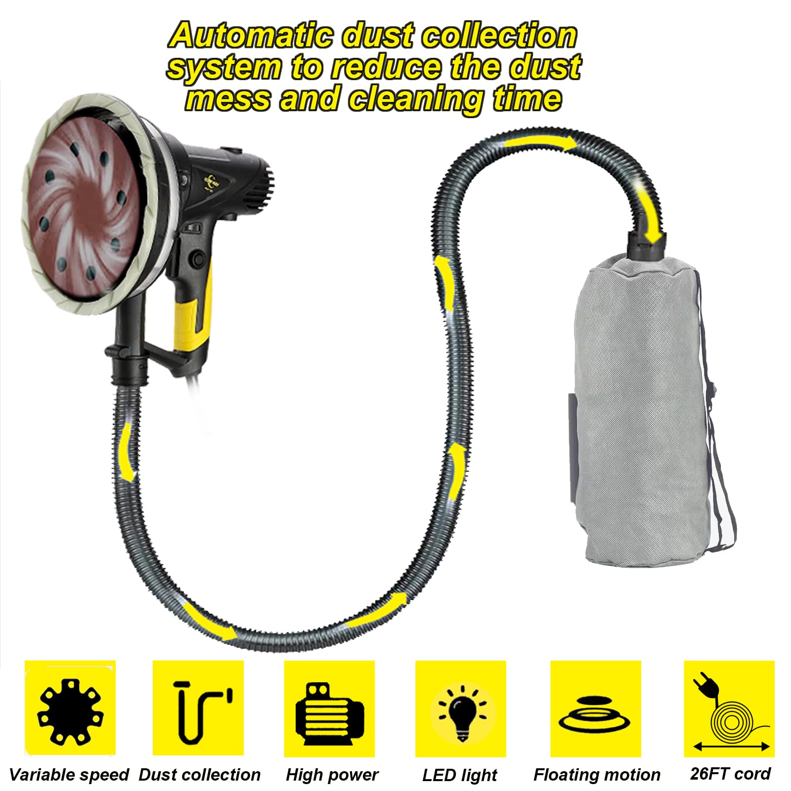 CUBEWAY Drywall Sander, Handheld Electric Drywall Sander with Vacuum Attachment and Variable Speed, Sheetrock Sander Machine with LED Light 10pcs Sanding Discs and 26FT Power Cord