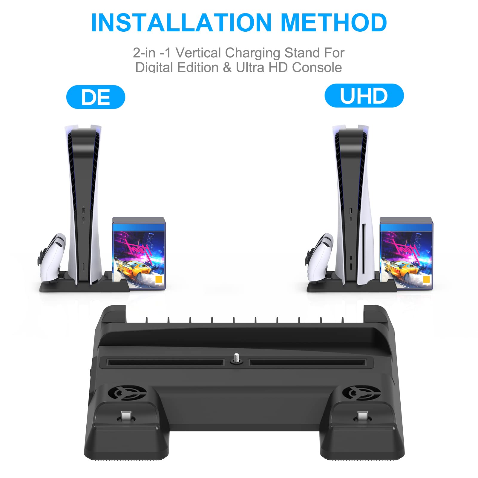 Cooling Station with Controller Charger for PS5, YUANHOT Stand with Cooling Fan, Controller Charging Dock, Game Slots Accessories Compatible with Playstation 5 Digital & Disc Edition