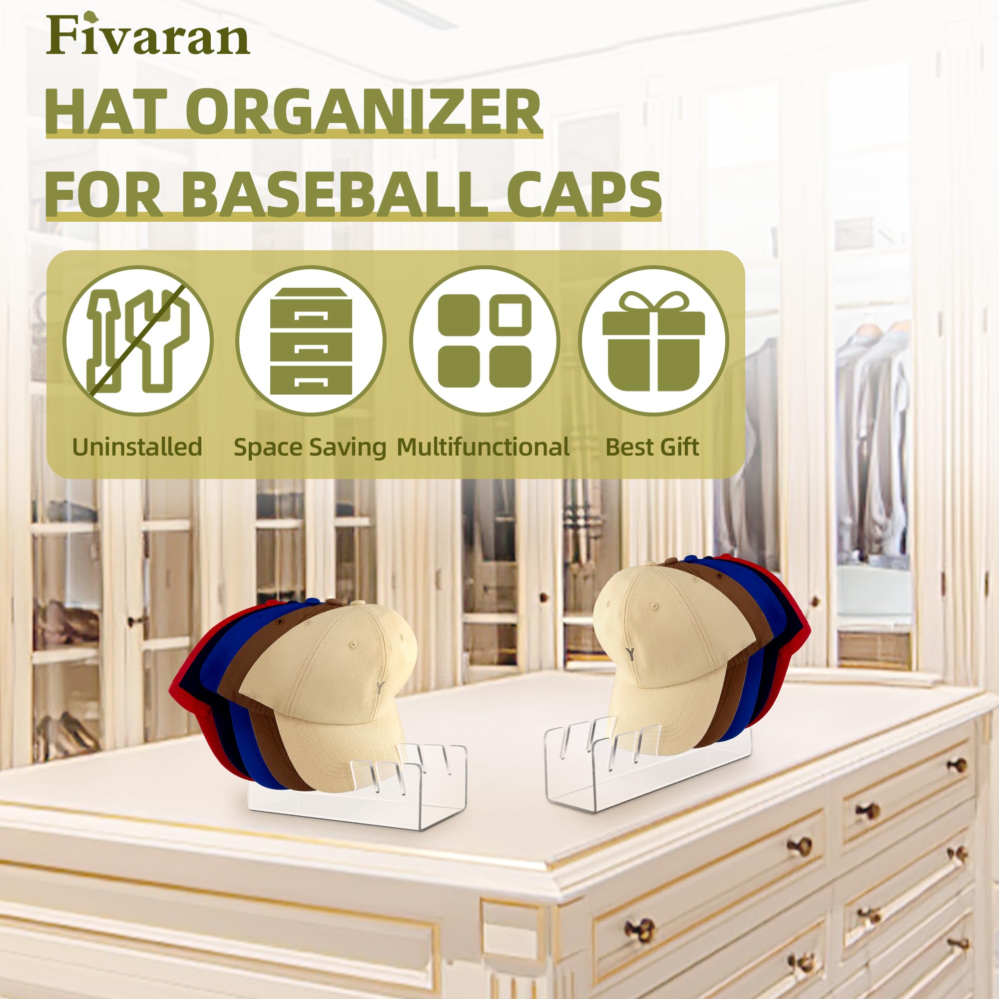 Fivaran Hat Stand for Baseball Caps, Acrylic Hat Organizer for Baseball Caps, Hat Stands for Display, Baseball Cap Organizer, For 14 Baseball Caps Hat Holder, for Bedroom, Closet, Dresser