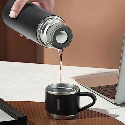 Insulated Water Bottle with Cup Travel Coffee Mug with Handle Stainless Steel Tumblers Thermos for Hot and Cold Drinks Water Flask 17 oz/500ml Black