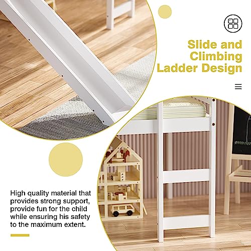 NAFORT Twin Loft Bed with Slide, Low Loft Bed with Stairs, Solid Wood Twin Loft Bed Frame for Girls Boys with Climbing Ladders Guard Rails and Slat Support - White