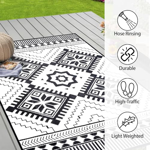 DiiKoo Outdoor Rug Mat for Patio, 6x9ft Waterproof Reversible Plastic Straw Rugs, Camping Carpet Area Mats for RV, Porch, Deck, Backyard, Balcony, Camper, Picnic, Beach, Trailer, Black & White