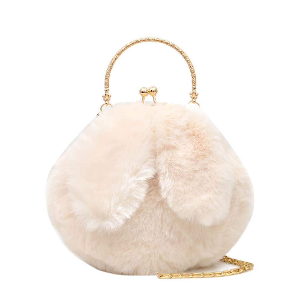 Cute Rabbit Ear Plush Bags for Women, Bunny Ear Chain Crossbody Bags (Beige)
