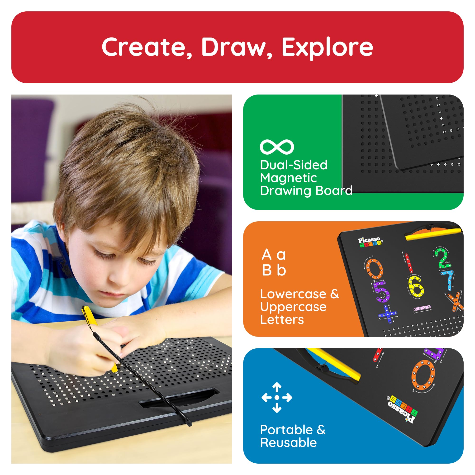PicassoTiles 2-in-1 Magnetic Drawing Board Toy 12x10 inch Large Magnet Bead Tablet Pad with 2 Facings Alphabets STEM Educational Erasable & Reusable Learning Writing Playboard in Black PTB03