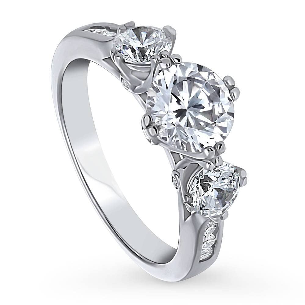 BERRICLE Sterling Silver 3-Stone Wedding Engagement Rings Round Cubic Zirconia CZ Anniversary Ring for Women, Rhodium Plated Size 6