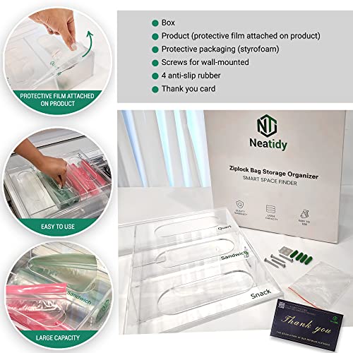 Neatidy Ziplock Bag Storage Organizer – Clear Acrylic Storage Bag Organizer – 4-in-1 Baggie Organizer for Gallon, Snack, Sandwich, Quart Bags – Solid Acrylic Bag Holder for Kitchen Drawer, Counter