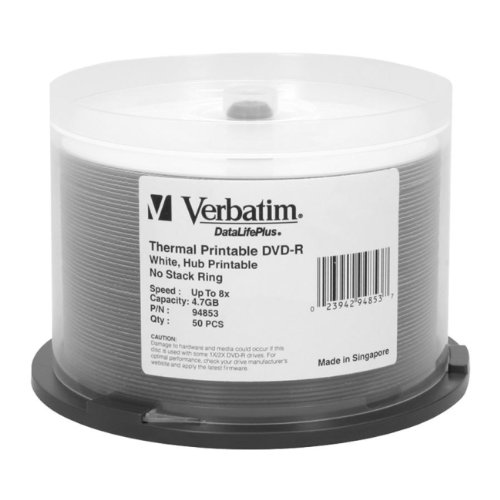 Verbatim DataLifePlus White Thermal Hub Printable 8X DVD-R Media 50 Pack in Cake Box (94853)