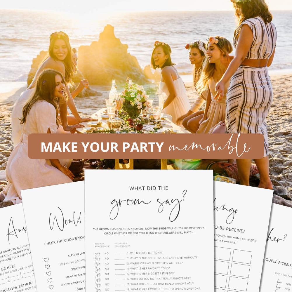 GardenCity Bridal Shower Games For 50 Guests, 4 Games + Advice and Wishes - Double Sided Cards - Minimalist