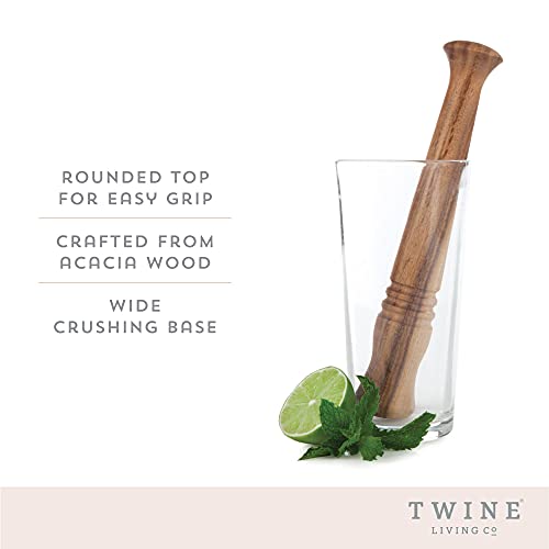 Twine Acacia Wood Muddler, Bar Accessory and Cocktail Drinkware Tool, Kitchen Essential with Jute Storage Pouch, Set of 1, Wood Grain