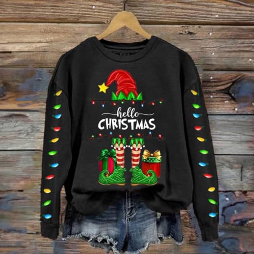 BLUBUKLKUN discount Christmas Sweatshirt for Women Crewneck Long Sleeve Christmas Elf Print Pullover Fashion Loose Top Oversized (Black, S)