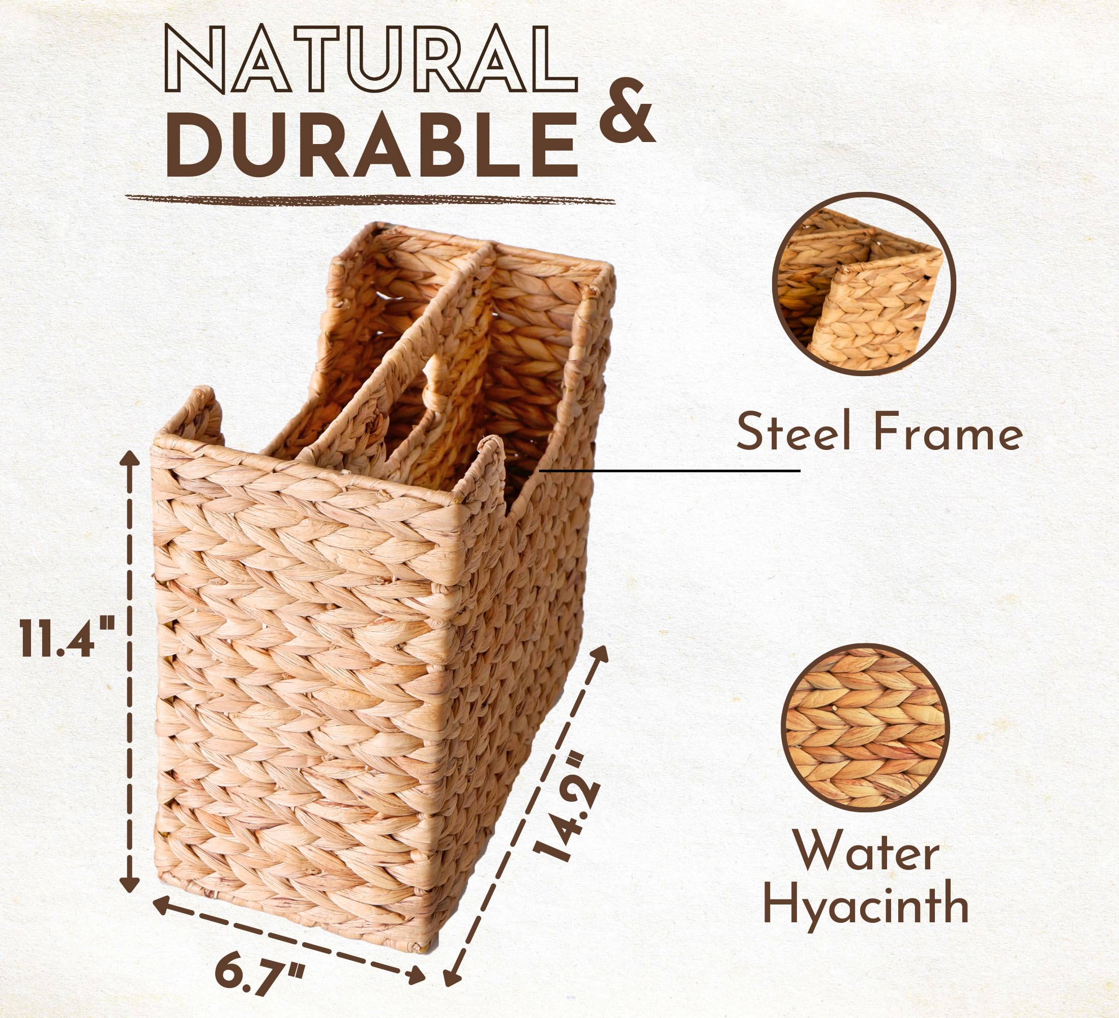 Chi An Home Wicker Magazine Basket, Water Hyacinth Basket for Files, Rattan Newspaper Rack Skinny Wicker Basket for Books & Files, Divided Hyacinth Basket With Handle (Medium)