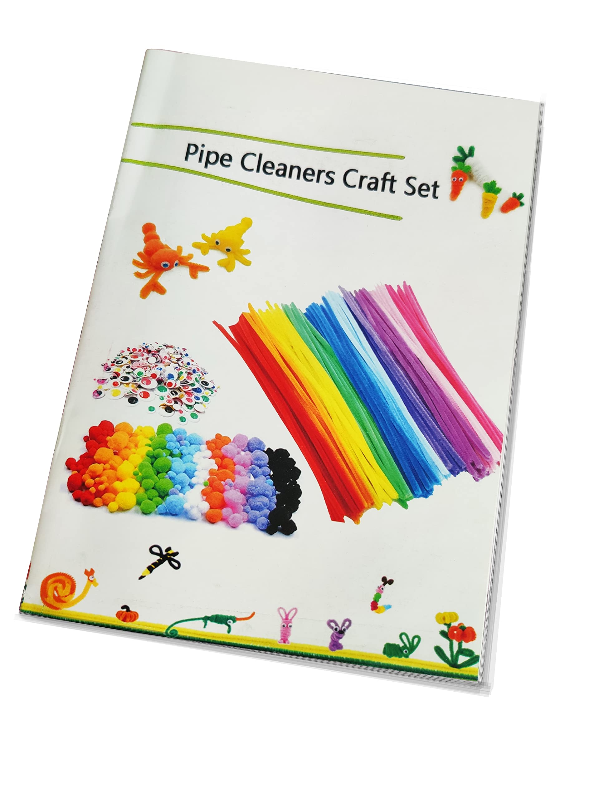Pipe Cleaners Craft Set with DIY Tutorial, Included 200Pcs Multicolor Pipe Cleaners Chenille Stems, 200Pcs Pom Poms, 200Pcs Self-Sticking Wiggle Googly Eyes, for DIY Art Craft