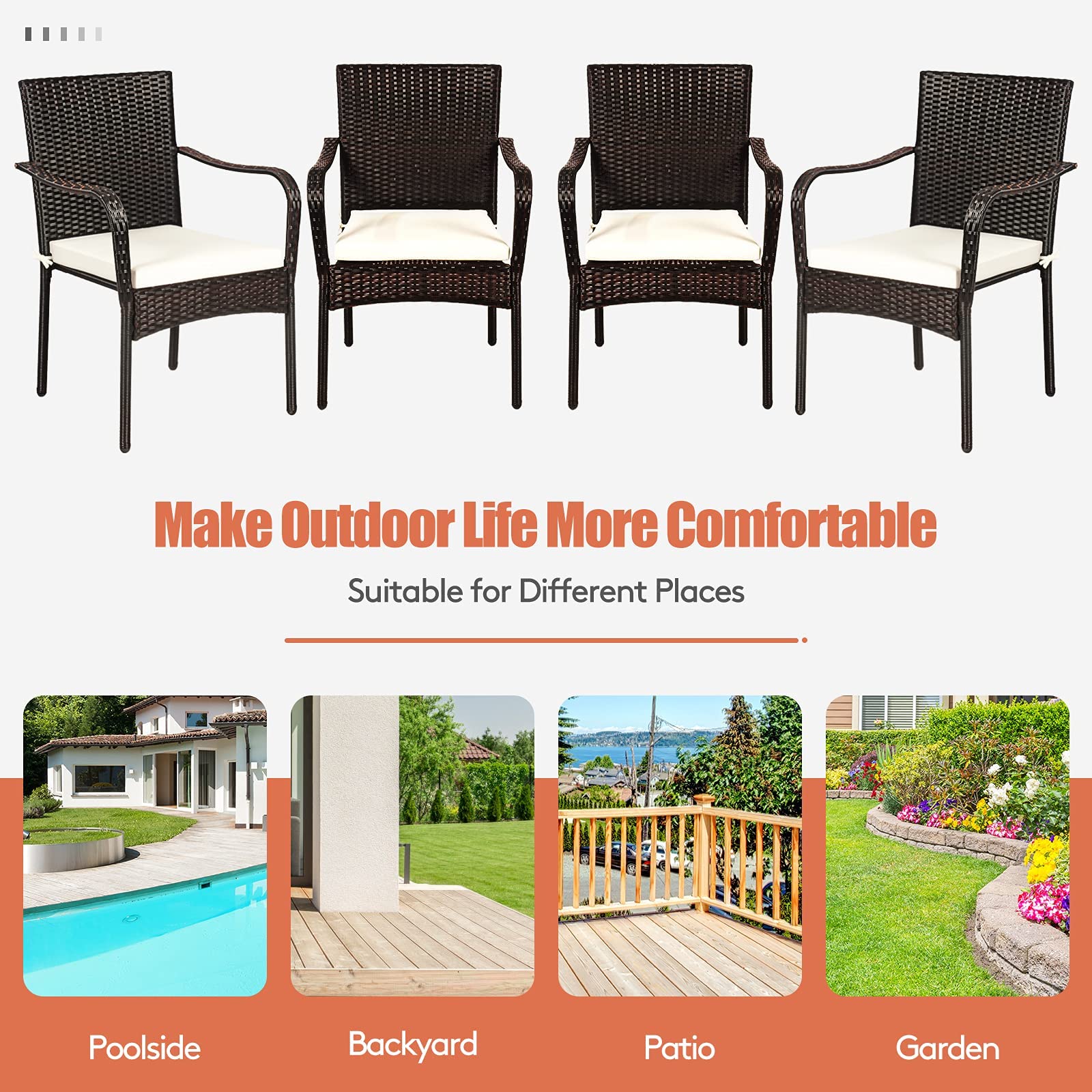 HAPPYGRILL 4 Pack Stackable Rattan Chairs Outdoor Patio Dining Chairs with Removable Cushions and Rustproof Steel Frame All-Weather PE Wicker Stacking Bistro Chairs for Balcony Garden Backyard