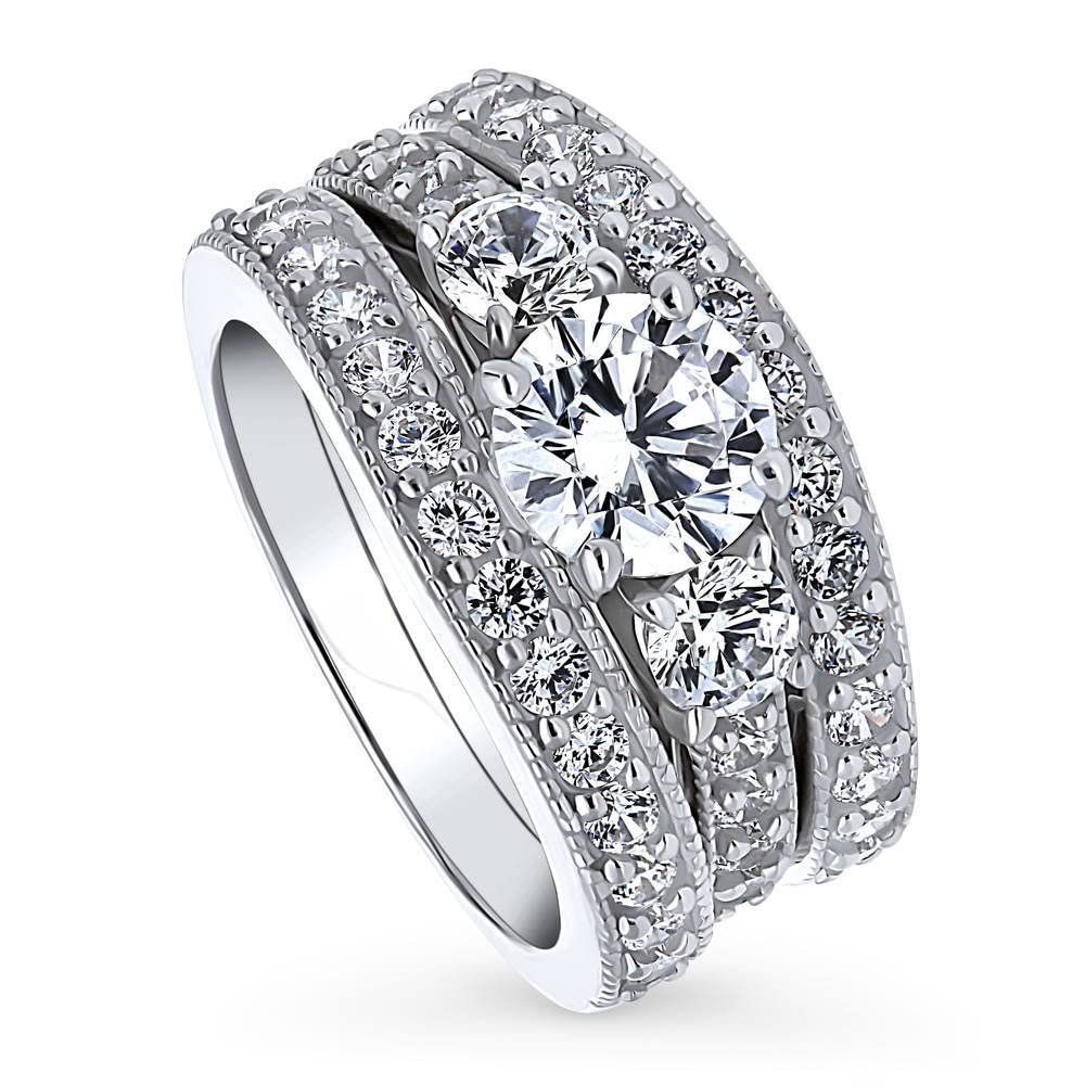 BERRICLE Sterling Silver 3-Stone Wedding Engagement Rings Round Cubic Zirconia CZ Ring Set for Women, Rhodium Plated Size 7