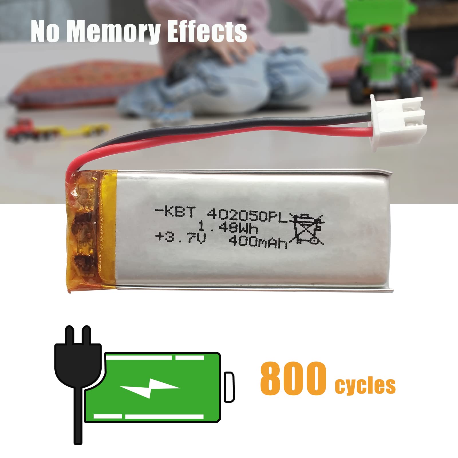 KBT 3.7V 400mAh Li-Polymer Battery: 402050 Lipo Rechargeable Lithium-ion Replacement Batteries with JST Connector