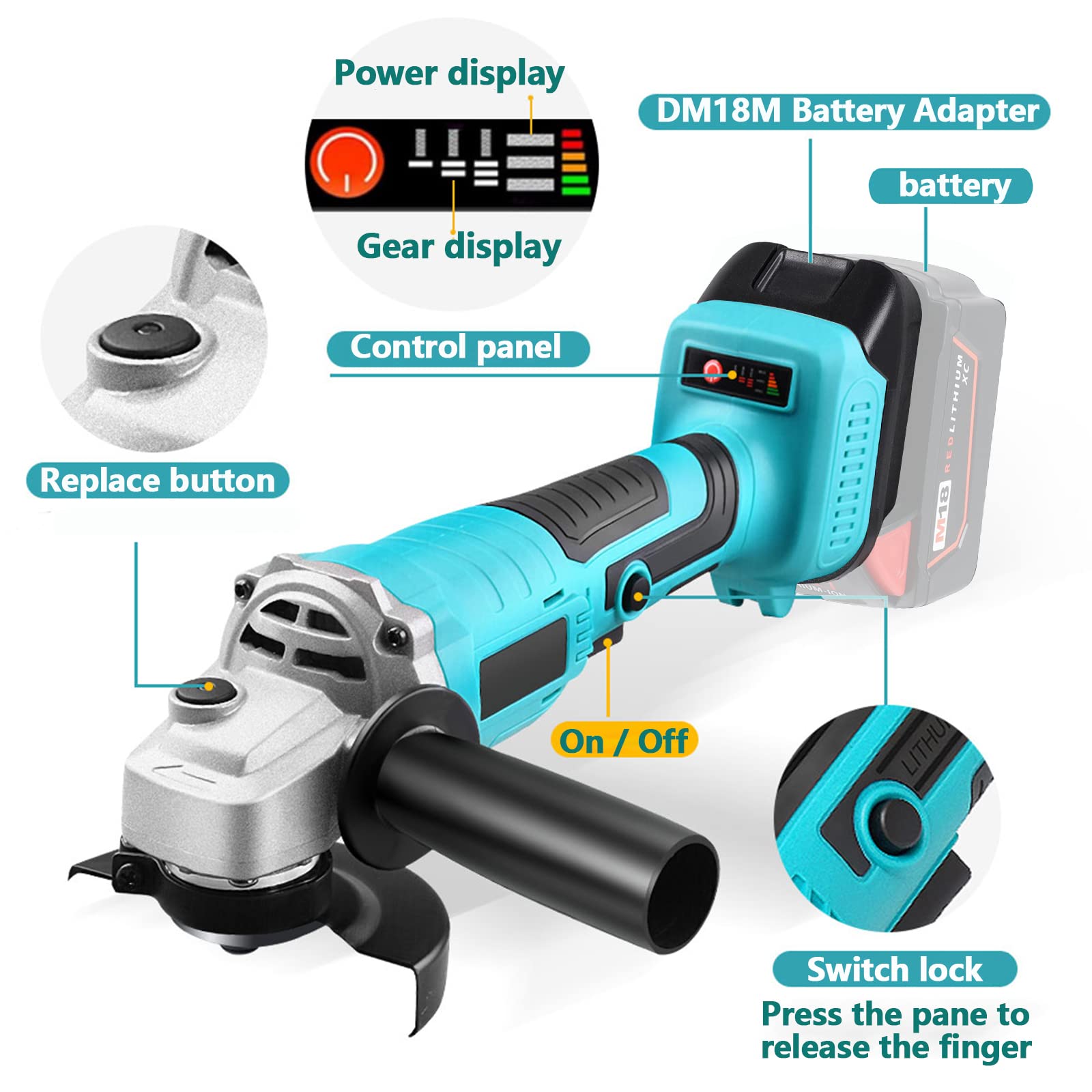 Cordless Angle Grinder, 18V variable speed metal grinders w/DM18M Battery Adapter,10000RPM Brushless Motor, 3/8 arbor, 110V 4-inch high power(Battery not include)