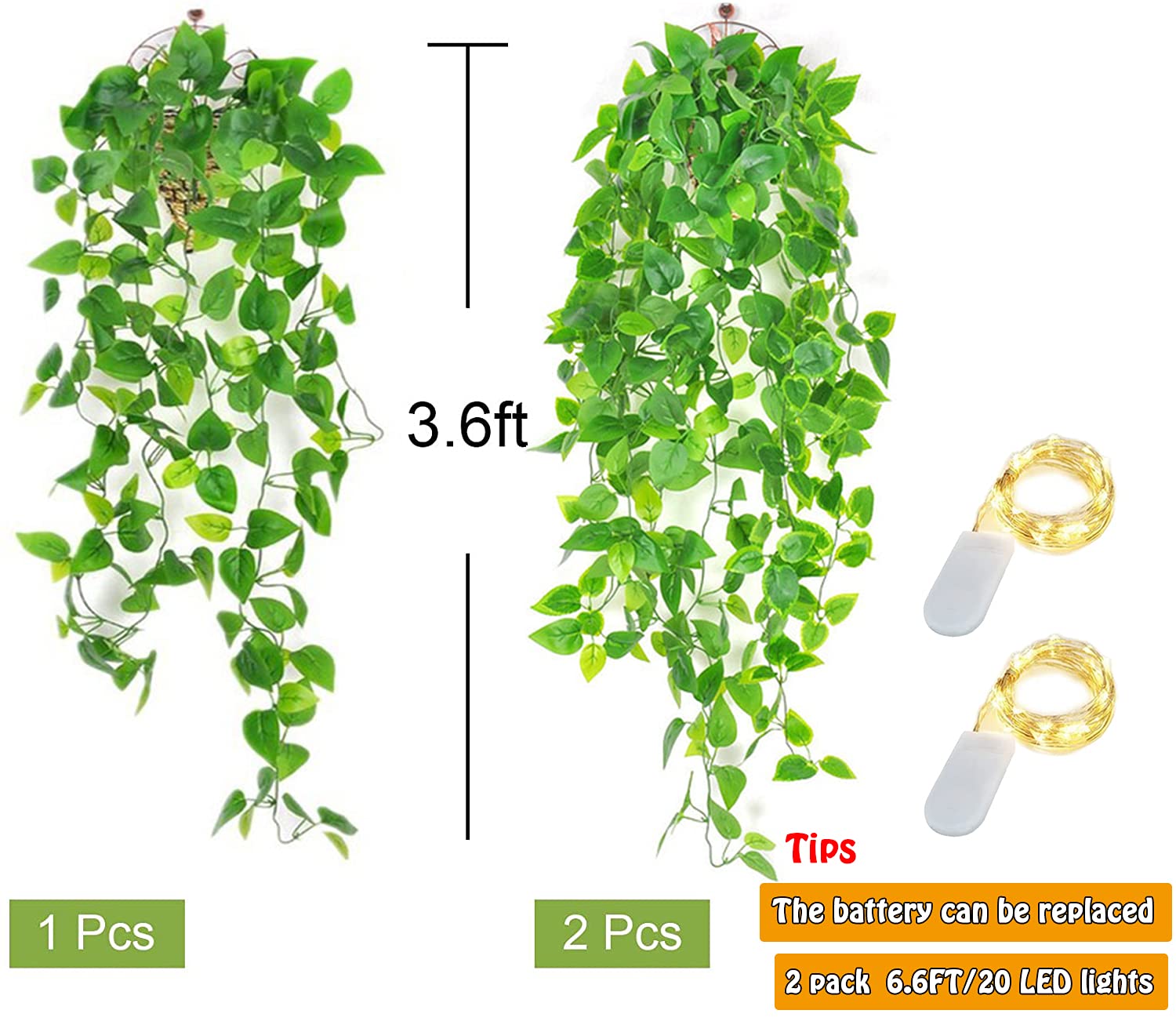 WEISPARK Artificial Hanging Plants - 2pcs Fake Ivy Vine Leaves Kitchen Plants for Wall House Room Garden Wedding Garland Indoor Outdoor Decoration (No Baskets)