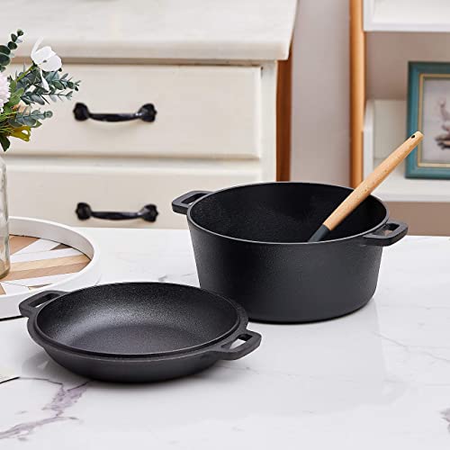 Bruntmor Pre Seasoned Kitchen Utensils Set Durable Cast Iron 8 Pc Bundle Pots And Pans Set Double Dutch Oven, 16" Pizza Pan, 3 Cast Iron Skillets & Square Grill Pan, Frying Pan| Giftable Cookware Set