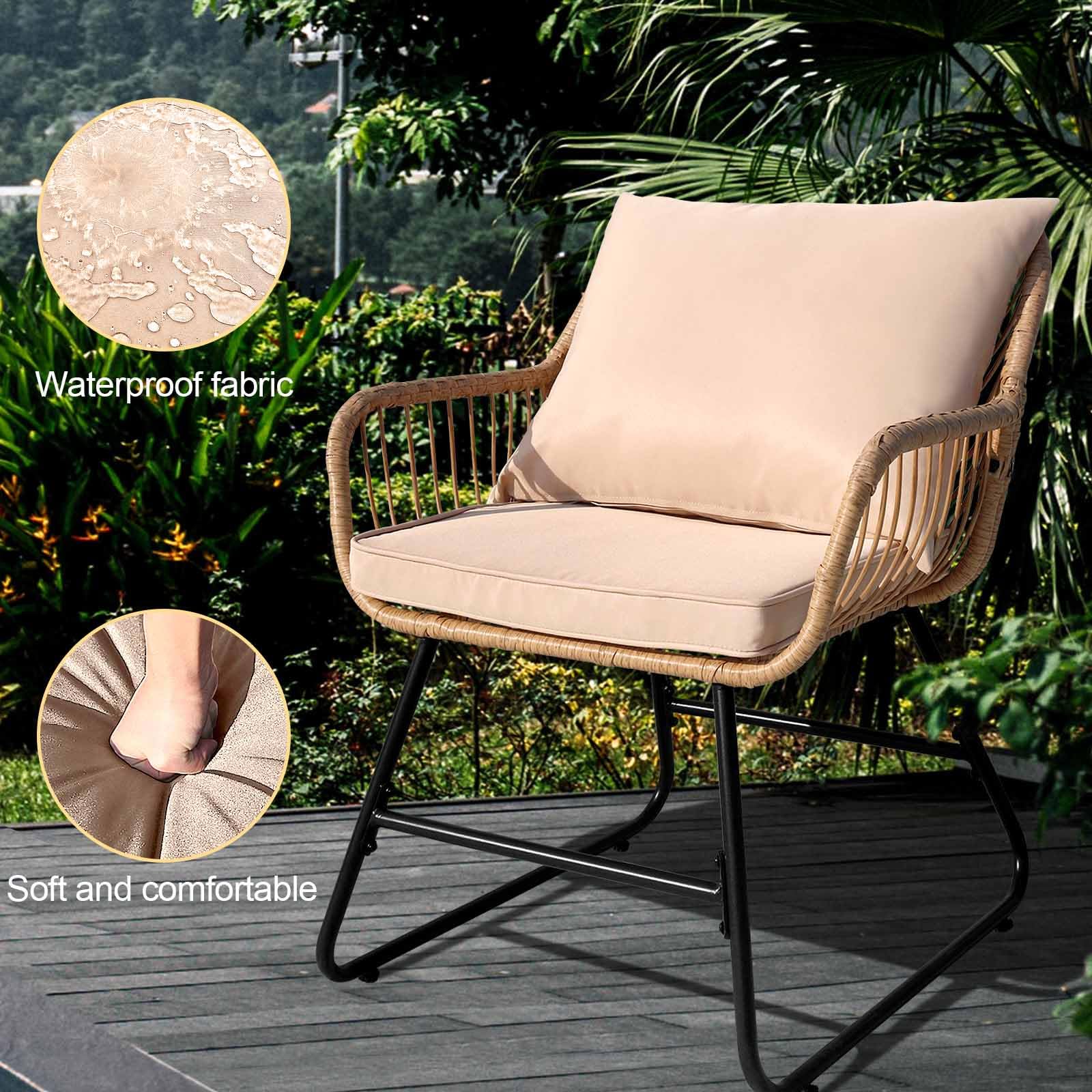 FKSLIFE Outdoor Wicker Patio Conversation Set, All-Weather Rattan Conversation Chairs for Backyard, Balcony, Deck ,Porch ,with Soft Cushions (Beige+Beige, 4-Piece Set)