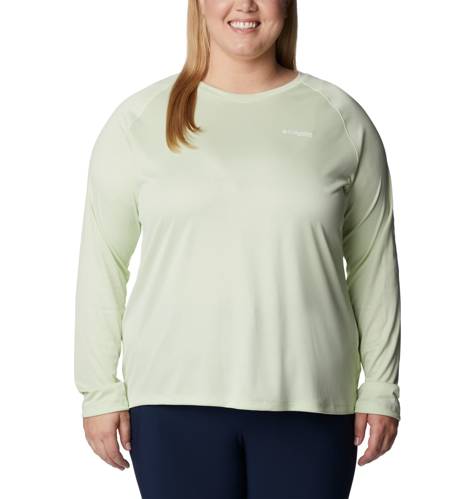Columbia Women's Plus Size PFG Tidal Tee II Sun Protection Long Sleeve Shirt, Light Lime/White Logo, 2X