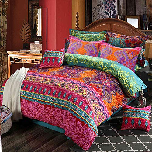 NANKO Queen Duvet Cover Set Boho Red and Green Colorful Vintage Striped Print 3pc 90 x 90 Luxury Soft Microfiber Down Comforter Quilt Bedding Cover with Zipper Ties - Bohemian Exotic for Men and Women