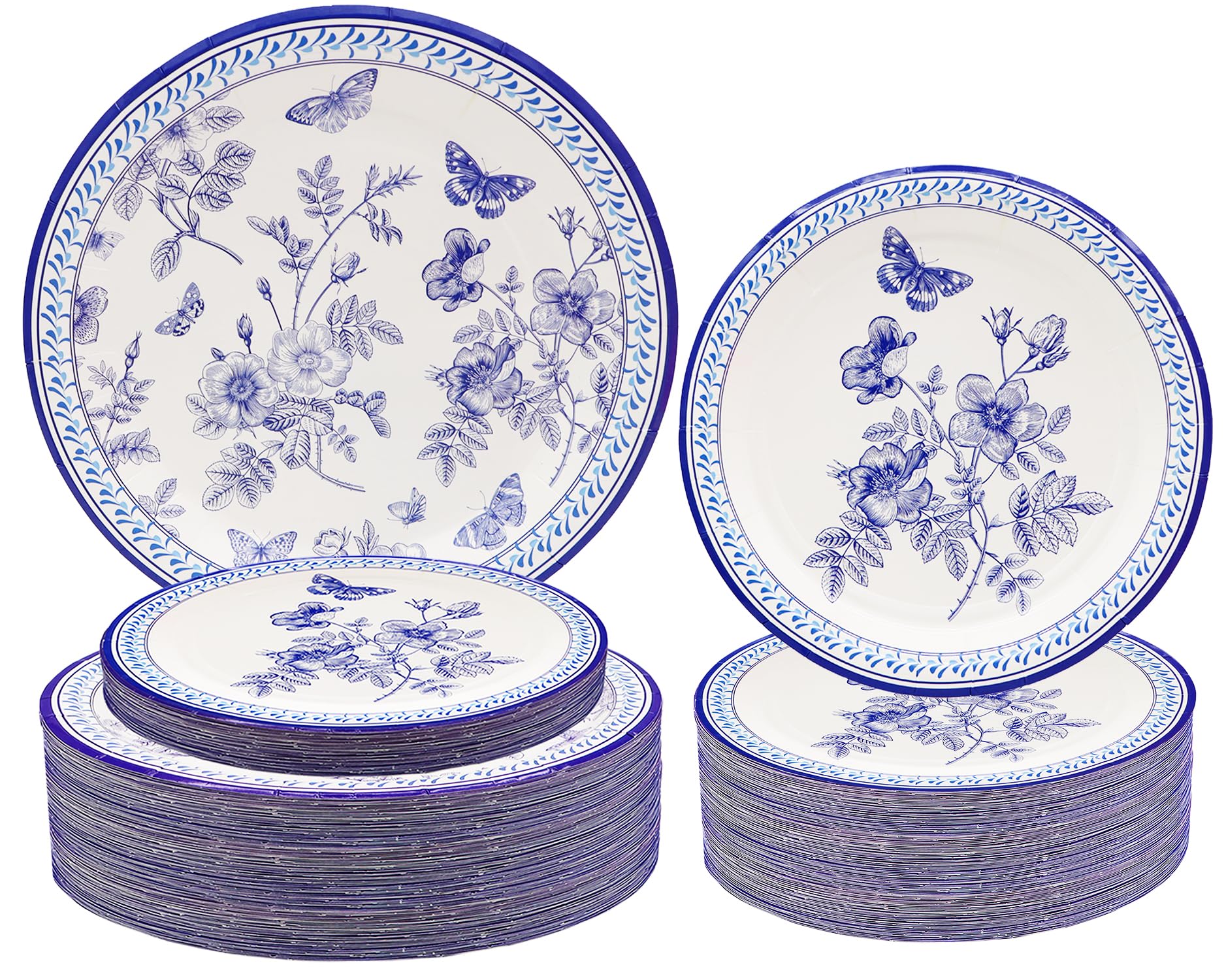 HSPAIDYP 50Pcs Floral Blue & White Flower Party Supplies Blue and White Paper Plates Set 9" Floral Plates 7" Blue White Floral Plates for Bridal Shower Wedding Tea Party Floral Party Decor