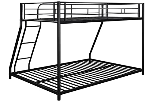 Majnesvon Metal Floor Bunk Bed, Twin Over Full Low Bunk Bed, Heavy Duty Frame with Sloping Ladder and Safety Guardrails for Teens Adults, No Box Spring Needed,Easy Assembly (Black)