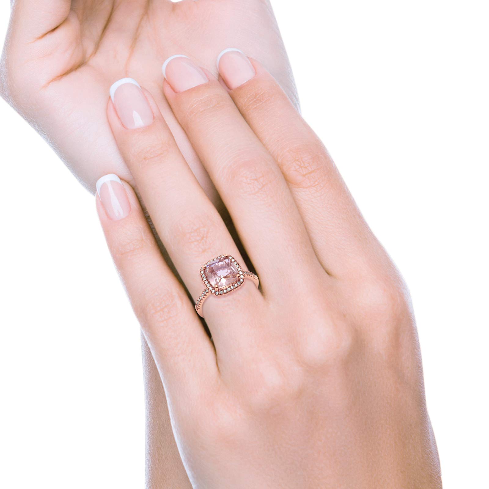 Blue Apple Co. Sterling Silver Halo Solitaire Ring Rose Tone Rhodium PL Cushion Cut Simulated Morganite Clear CZ accent
