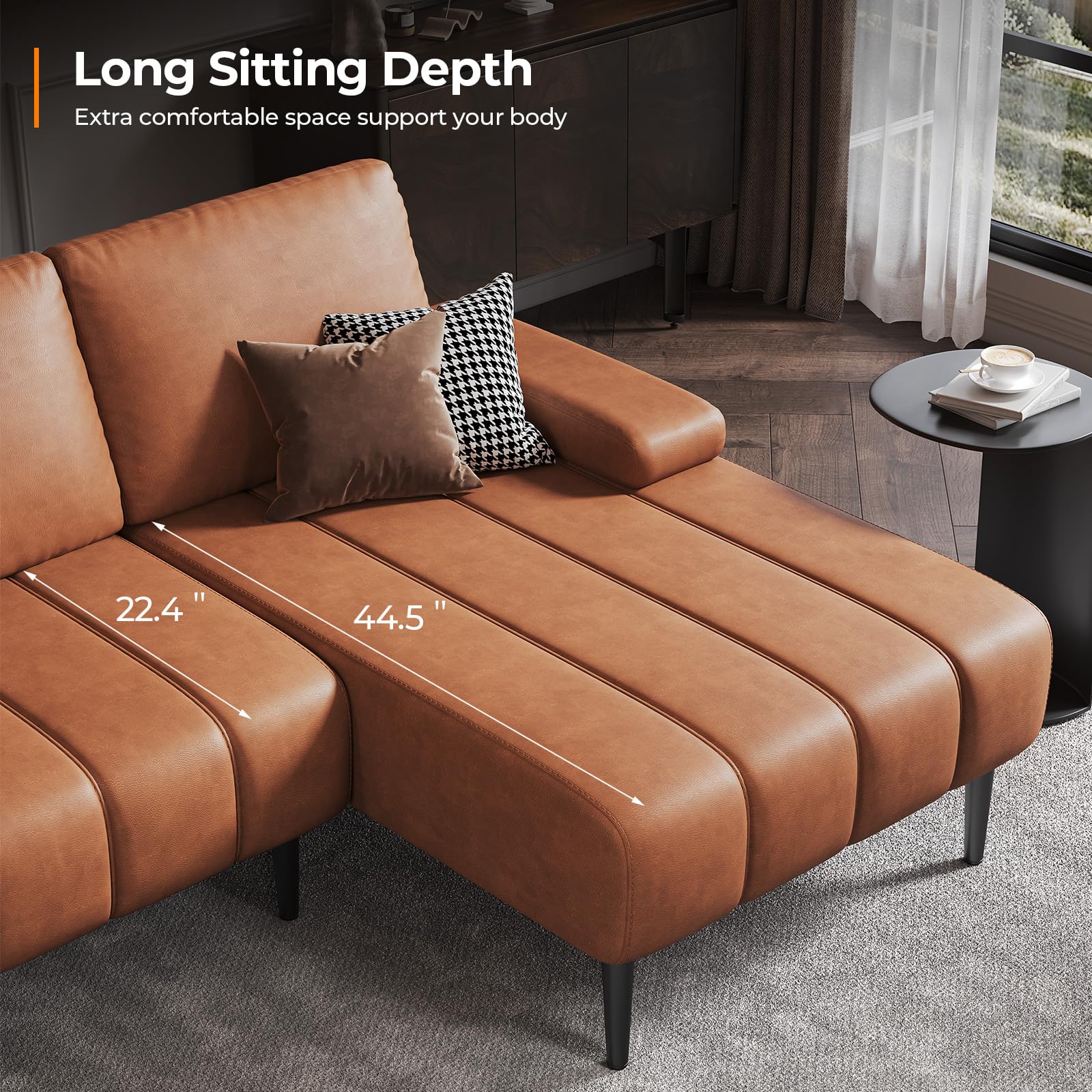 Fadware Sectional Couch for Living Room, 94.5'' Faux Leather L-Shaped Sofa Couches, Modern Upholstered 3 Seat Couch with Removable Armrest and Not Convertible Chaise for Apartment, Grey