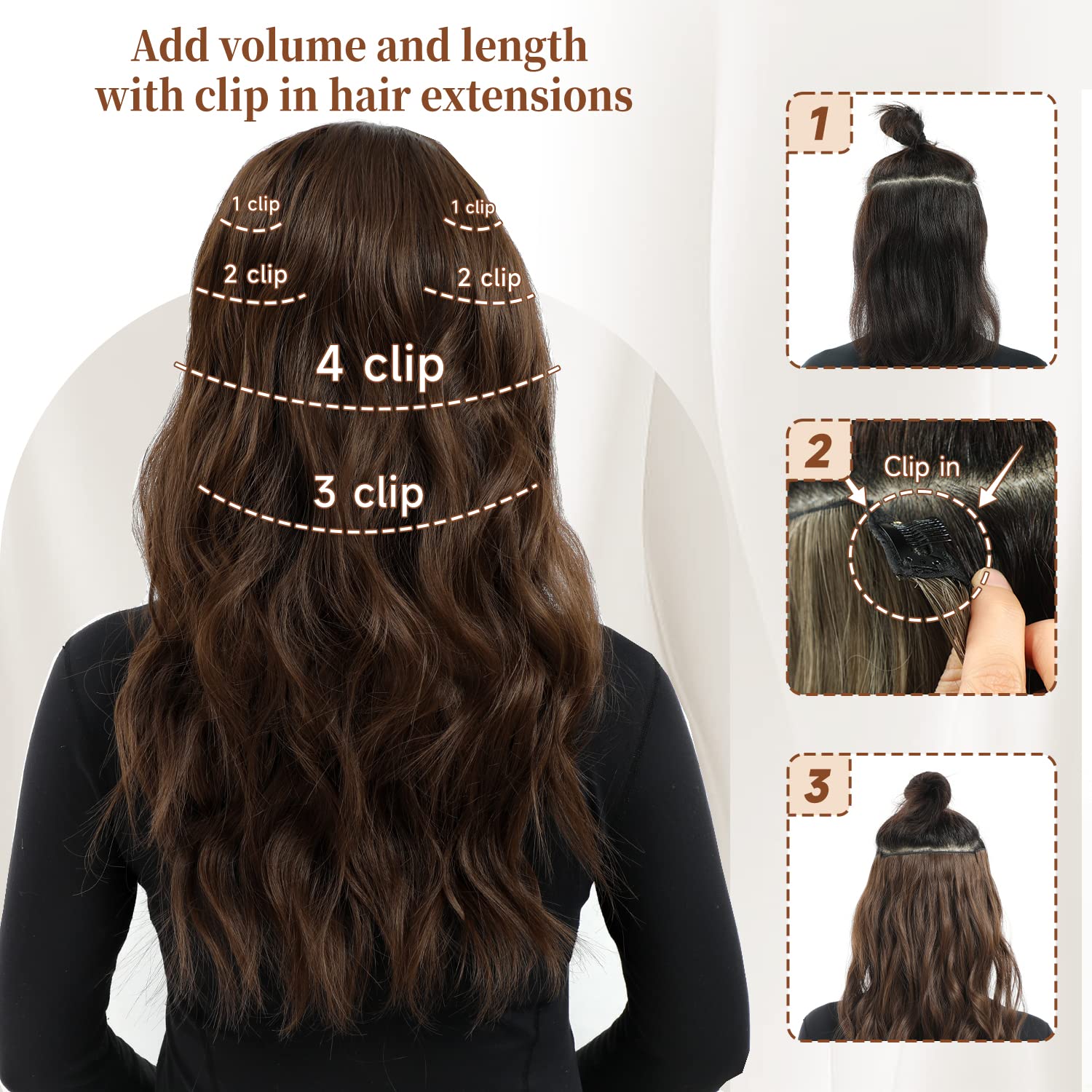 Clip in Hair Extensions, 6 PCS Light Brown Extensions, Wavy Hair Extensions, Natural & Soft Hair & Blends Well Hair Extensions, Chocolate Brown Long Wavy Hairpieces(20inch, 6pcs, Chocolate Brown)