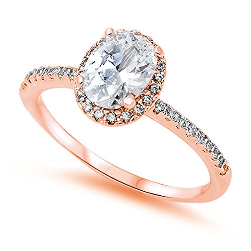 Blue Apple Co. Accent Halo Wedding Promise Ring Oval Cut Round Simulated Cubic Zirconia Rose Tone 925 Sterling Silver, Size - 8