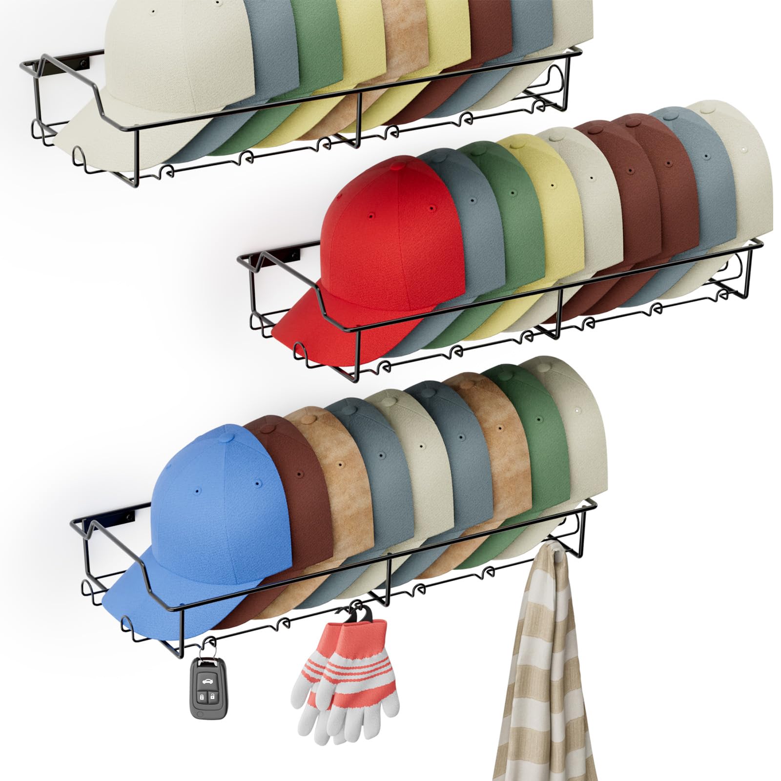 Fairpeak Wall Hat Racks for Baseball Caps, Each Metal Hat Organizer Fit 20 Caps, Sturdy Wall Mounted Hat Storage, for Hanger & Room Closet Display, Fits All Caps Shelves, for all walls, 3 Pack, Black