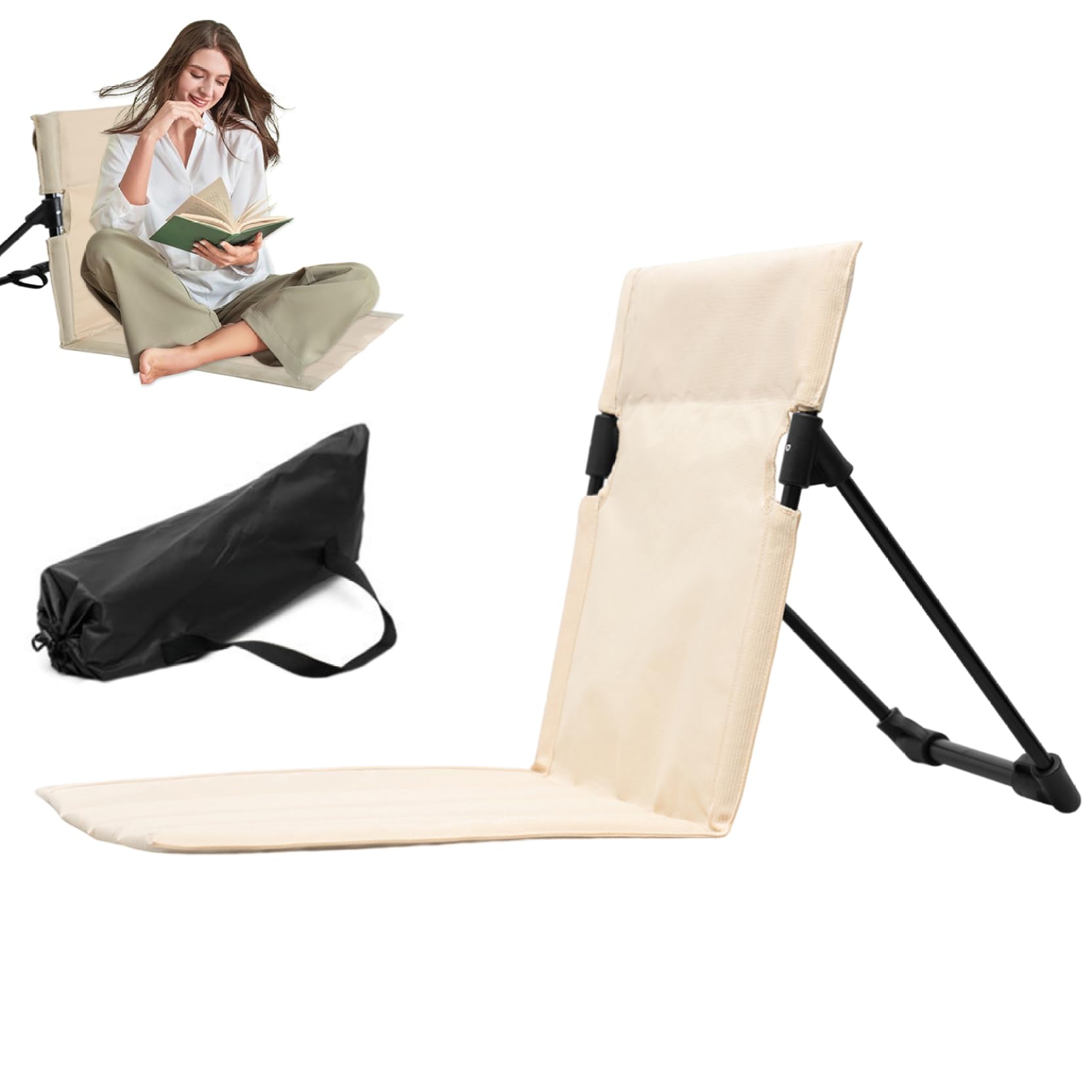Eioflia Sunloungers, Beach Mat Recliner Lightweight Beach Mat with Backrest One-Step Assembly Foldable Beach Mat Chair with Carry Bag for Holidays Garden Camping Park Beige