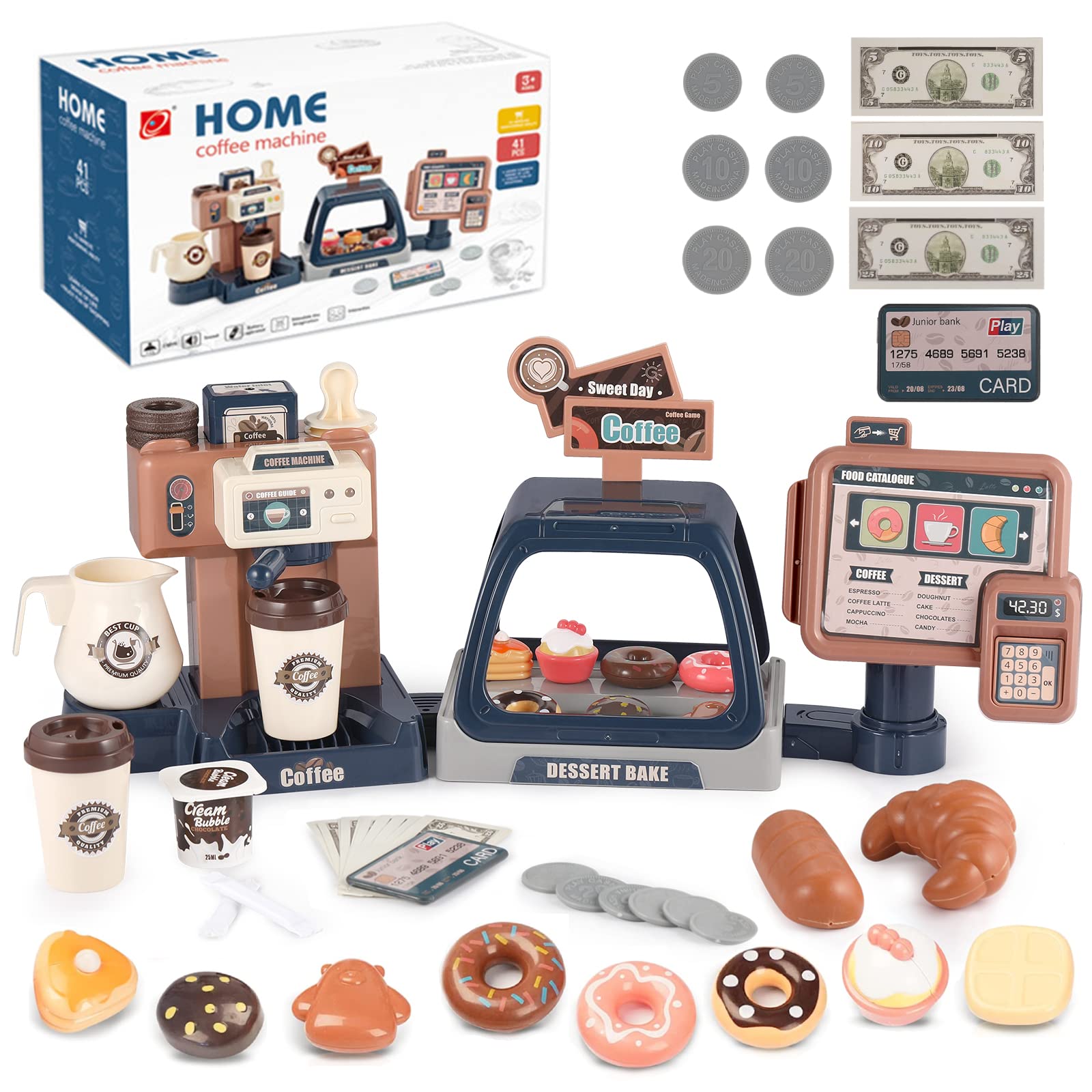 Toy Coffee Maker Machine and Cash Register Kit with Sound Light, GAGAKU Kids Kitchen Pretend Play Sets Kitchen Appliances Toy for Boys Girls