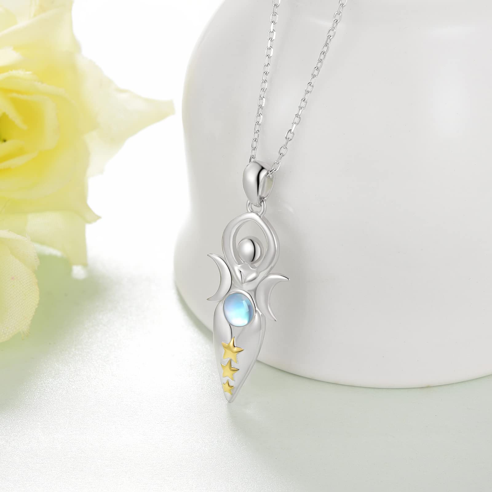CVRAVO Triple Moon Goddess Necklace Sterling Silver Moonstone Moon Pendant Necklace Pagan Wiccan Magic Amulet Jewelry Gifts For Women
