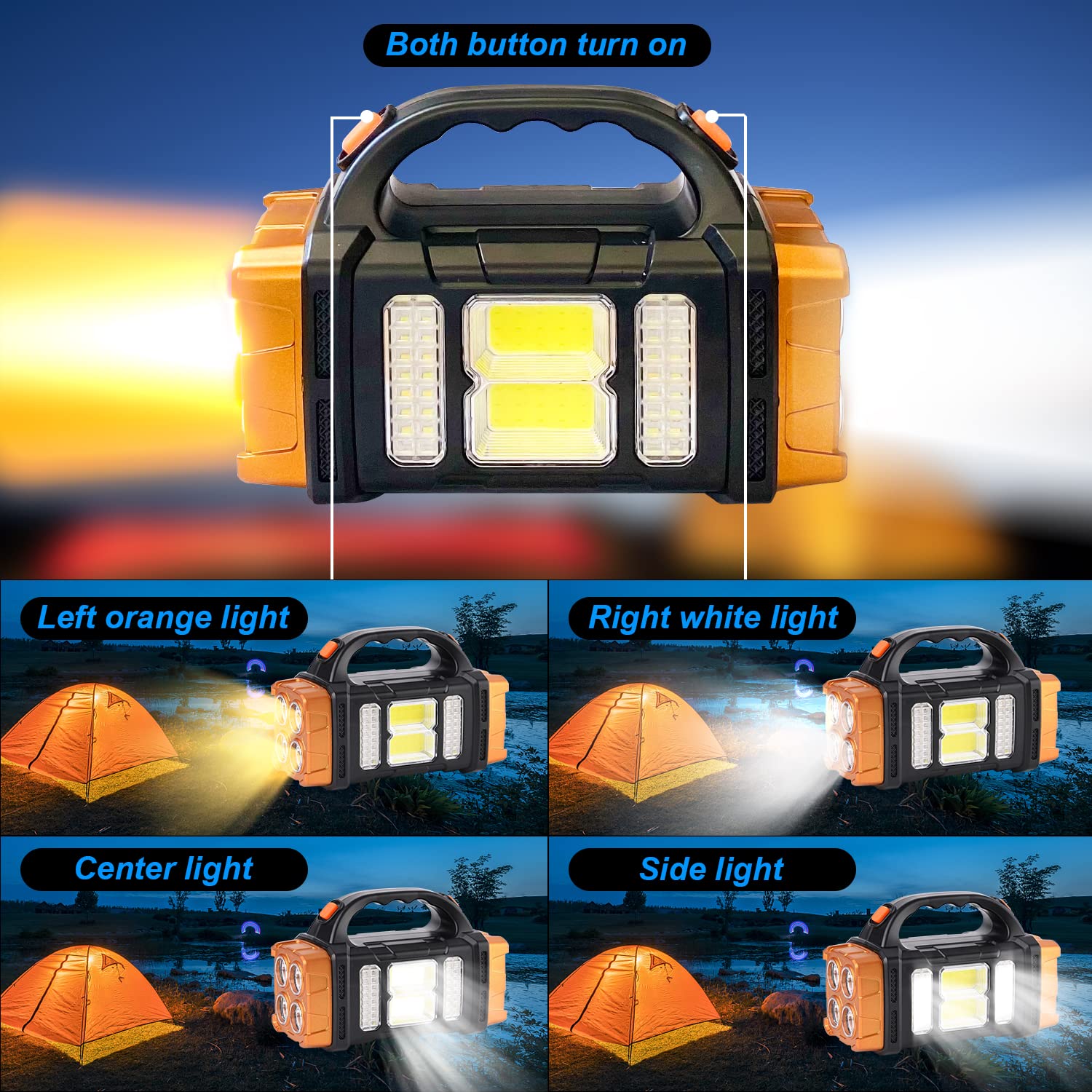 HUBAKO Two Side Solar Handheld Flashlight with COB Sidelight, High Bright 8 Modes Spotlight with USB Cable, Rechargeable Portable LED Searchlight for Outdoor Hunting Boating Camping Emergencies