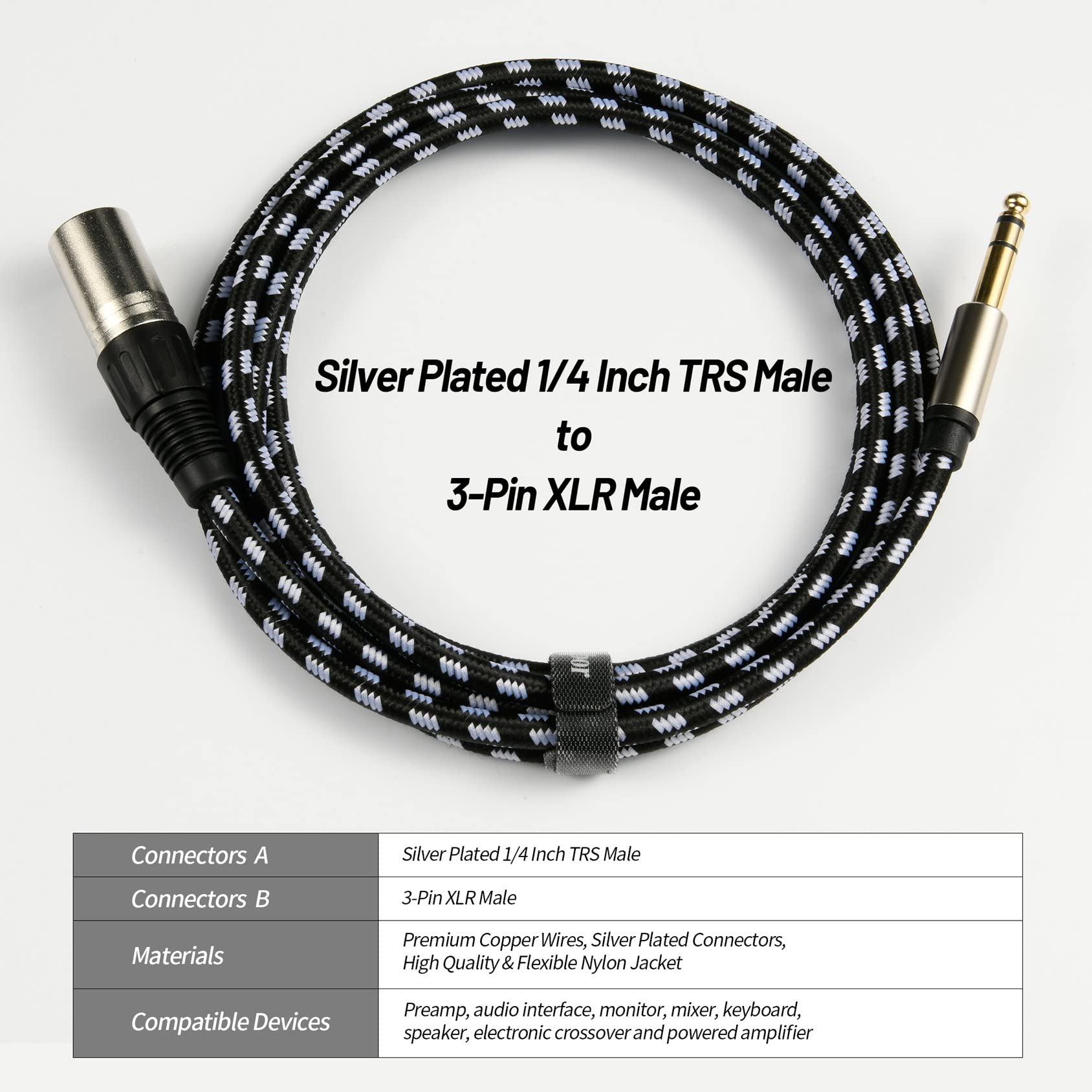 Sound harbor Xlr to 1/4 Cable 6.5 ft,TRS 6.35mm to xlr Male Jack - Nylon Braided Balanced Patch Cable
