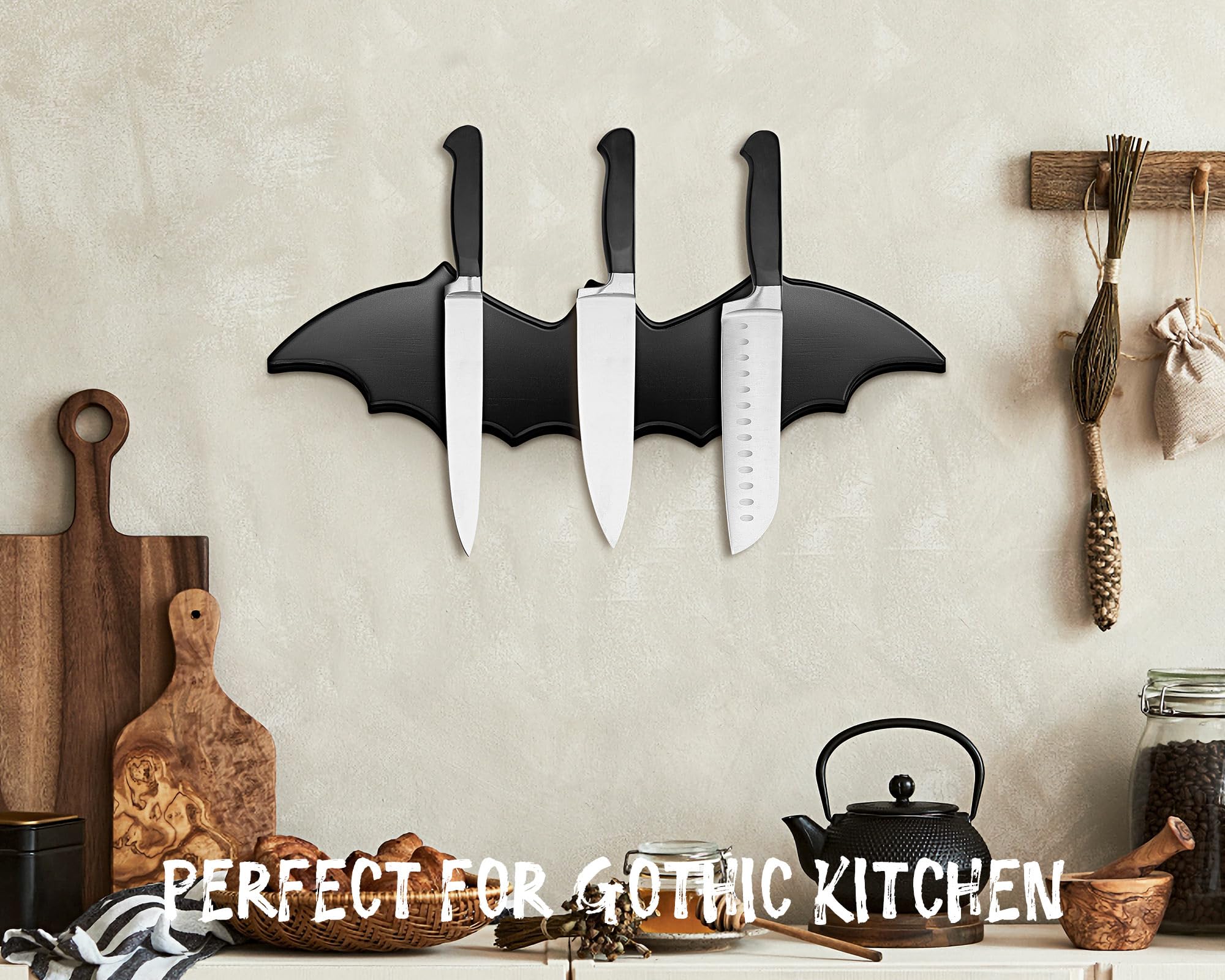 Faivykyd Bat Shape Magnetic Knife Holder, 15.8 Inch Black Knife Magnetic Strip for Gothic Wall Decor, Spooky Gothic Room Powerful Magnet Rack, Kitchen Utensils Organizer, Goth Lovers Gifts