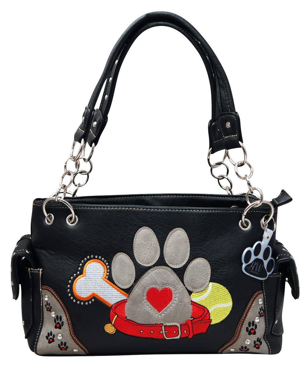 HW Collection Dog Paw Print Handbag Women Shoulder Purse Wallet Set Western Style (Black)