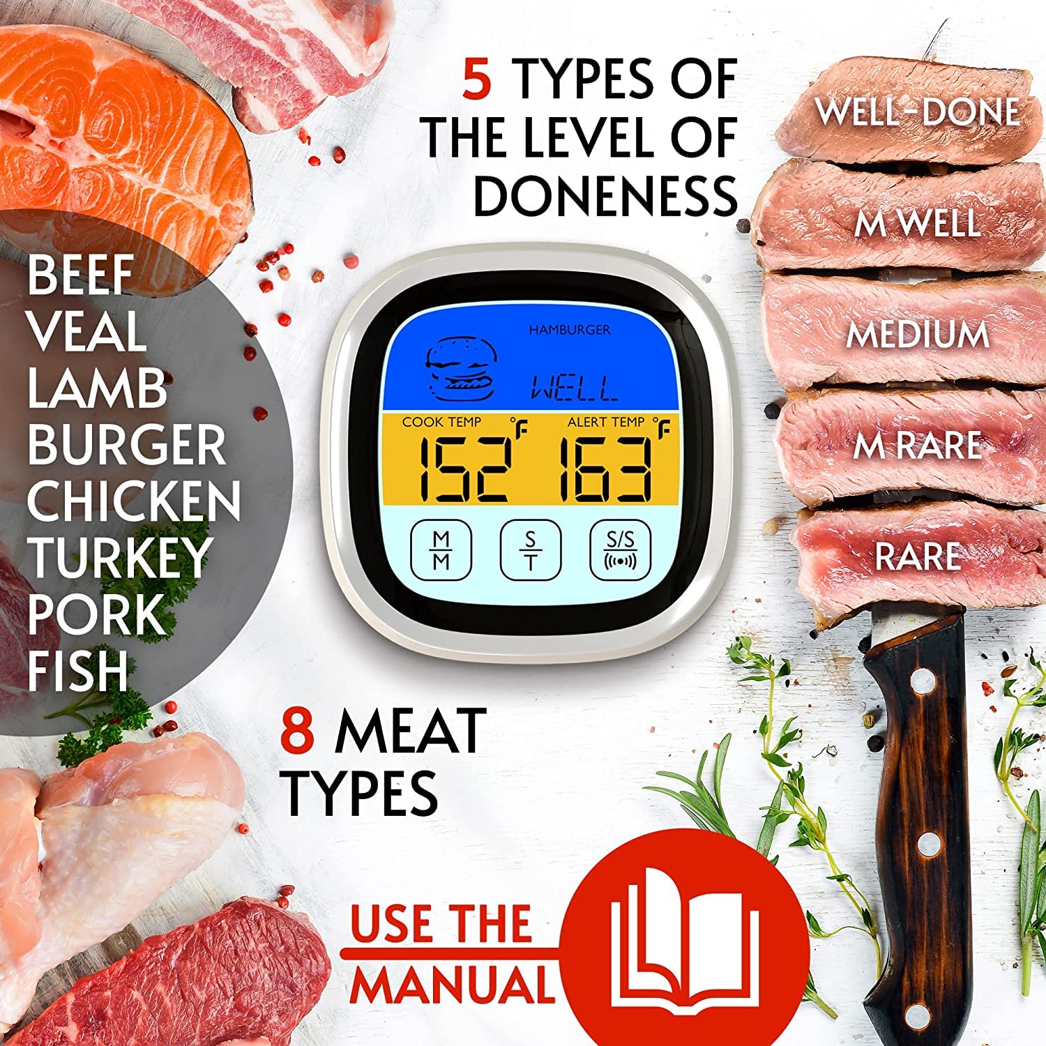 Digital Meat Thermometer for Cooking β Precise Meat Thermometer with Probe & Timer Alarm β Instant Meat Thermometer with 6 Cooking Pre-Set Settings & Auto Shutoff for Grilling Baking & Barbecues