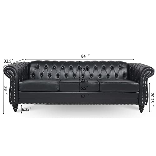 Faux Leather Couch, Modern Chesterfield Sofa Couch, Large 3 seat Couch, Sofas for Living Room, Apartment and Office Couch.(Black Sofa)