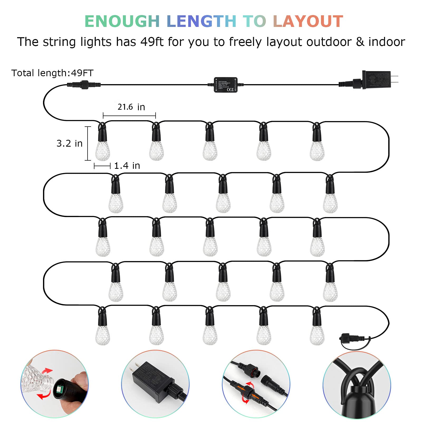 WENSEN Outdoor String Lights, 49FT 25 Bulbs Patio Lights Color Changing with Remote & App Control, IP65 Waterproof, Shatterproof Acrylic Led String Lights for Outside, Patio, Garden, Backyard, Party