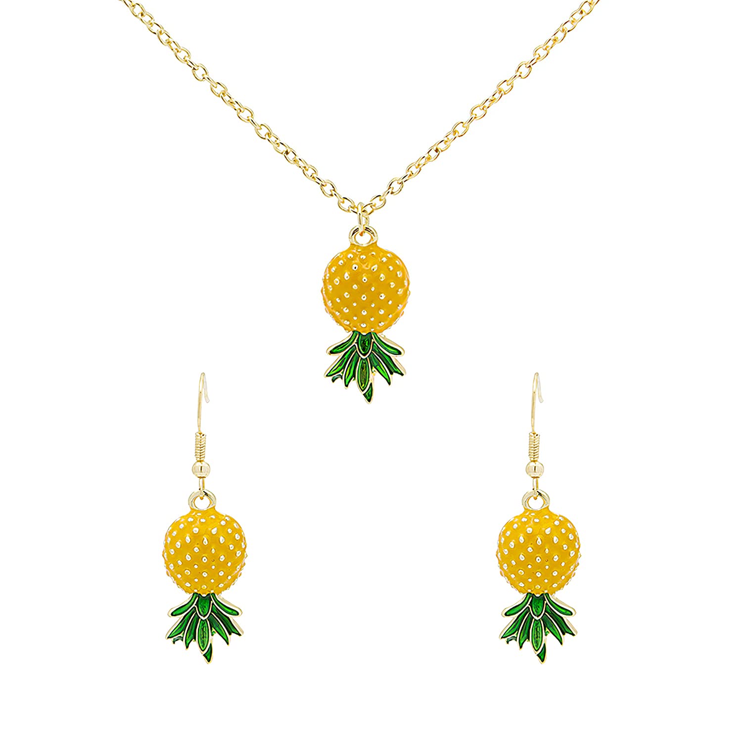 Tropical 2pcs Yellow Ruit Green Leaf Pineapple Earings Pendant Necklace Suit for Women Fashion Dangle Earings Jewellery