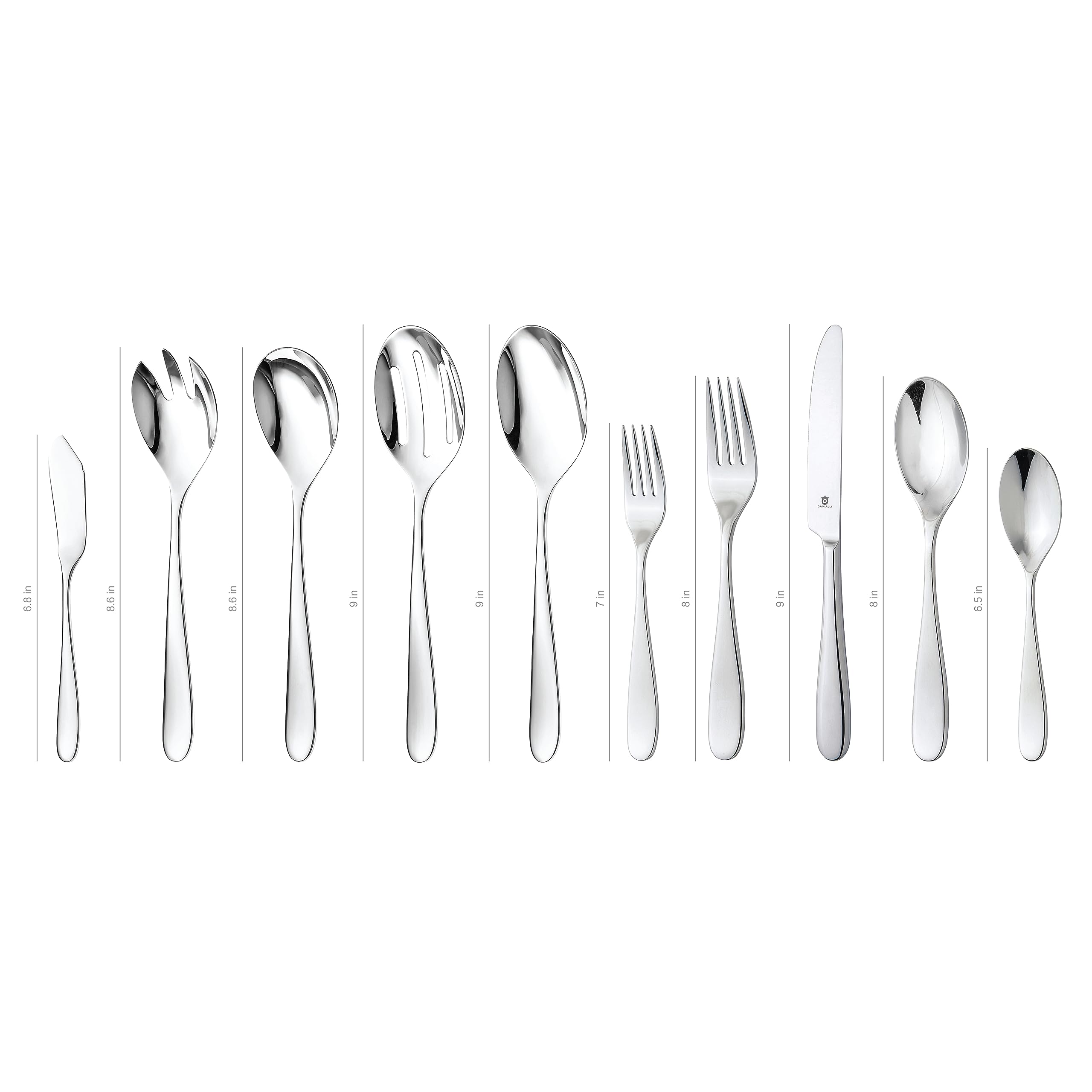 DANIALLI 45-Piece Silverware Set for 8 with Hostess Serving Utensils - 18/10 Stainless Steel, Modern Fidenza Flatware, Mirror-Polished, Dishwasher Safe (45-Piece Dining Set with 5-Piece Serving Set)