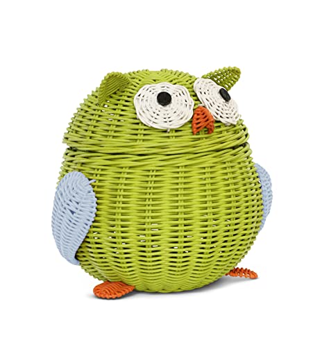 G6 COLLECTION Owl Rattan Storage Basket With Lid Decorative Bin Home Decor Hand Woven Shelf Organizer Cute Handmade Handcrafted Nursery Gift Animal Decoration Artwork Wicker Hoot Owl (Large, Green)