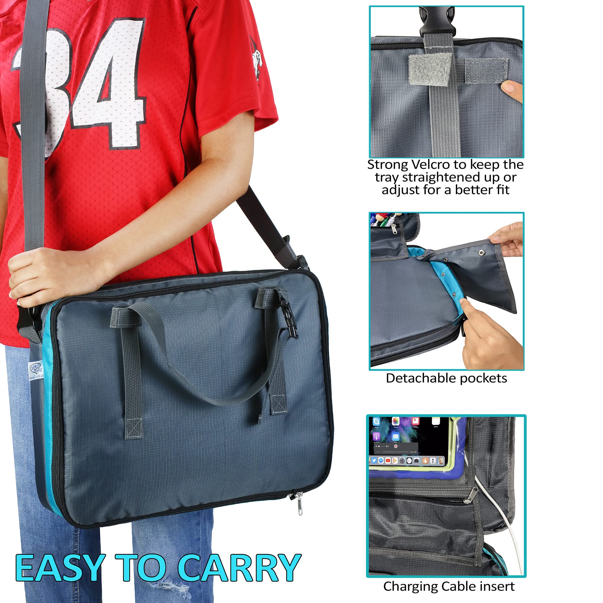 KeolaKids Kids Car and Booster Seat Travel Tray Organizer with Detachable Top, Lap Tray, Updated Headrest Straps, Zippered Storage, Tablet holder with Charger Openings (Blue)