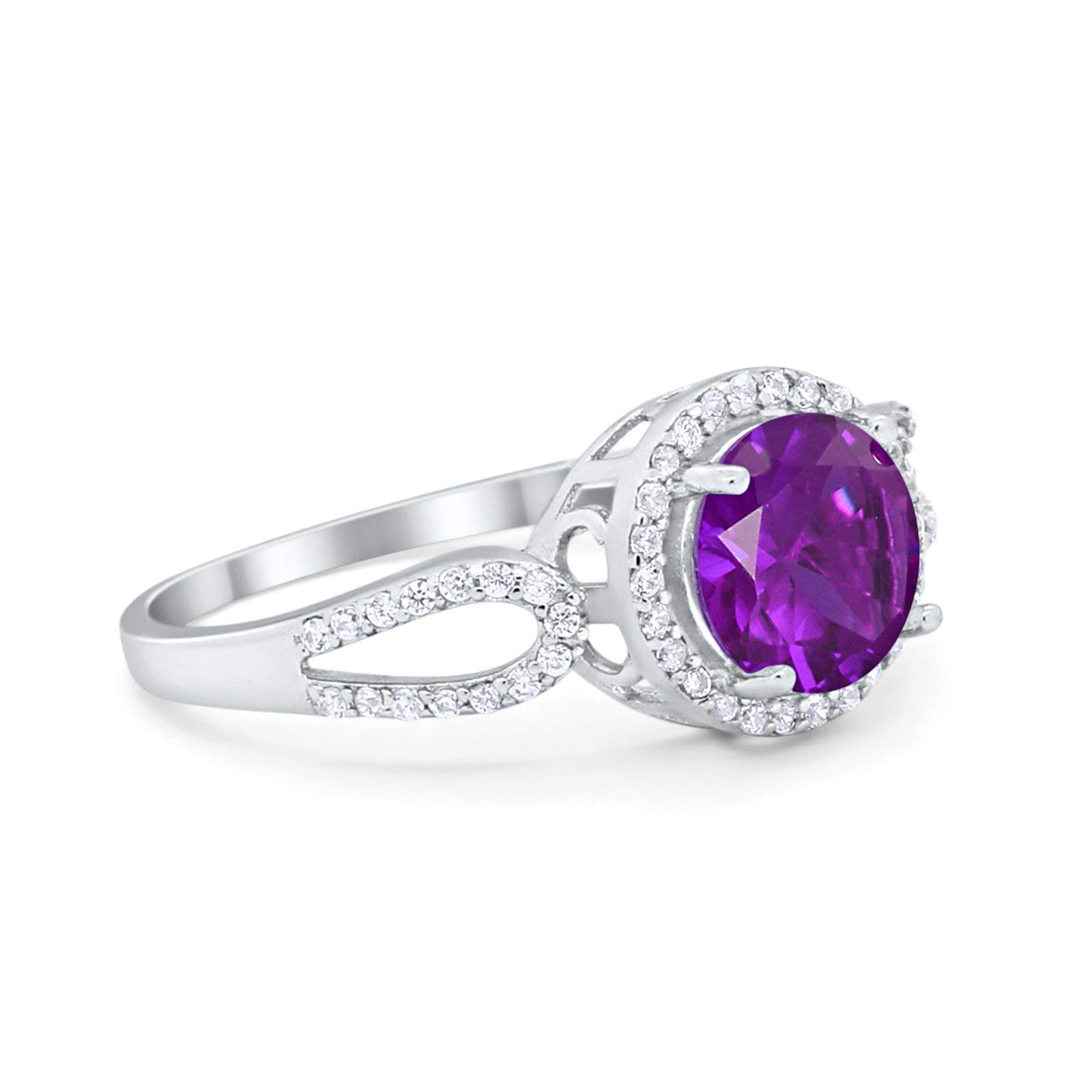 Blue Apple Co. Halo Split Shank Wedding Engagement Ring Round Simulated Amethyst Cubic Zirconia 925 Sterling Silver Size-9