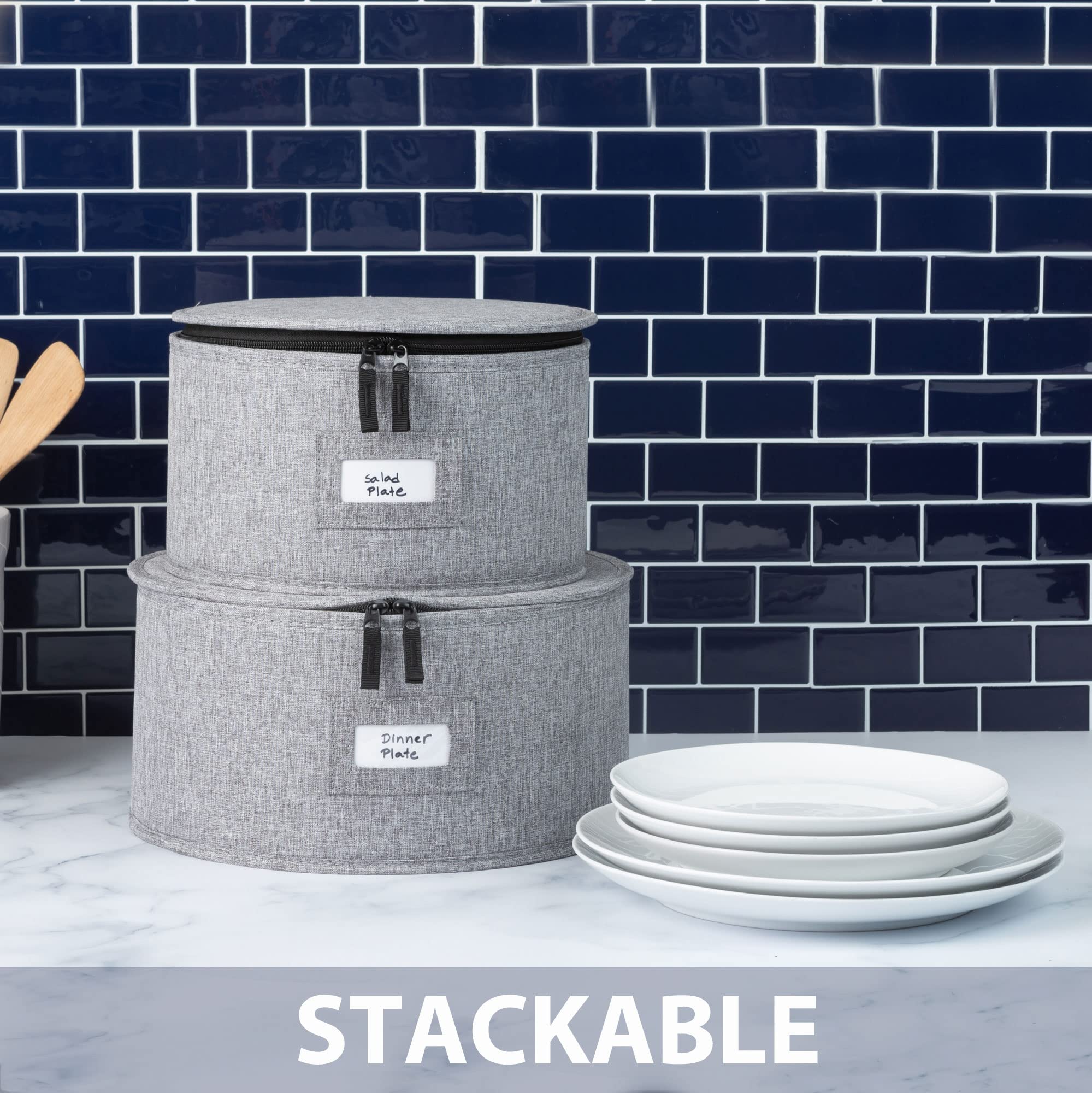 China Storage Container for Dinner Plate - 11.5" W x 7" H - Includes 12 Felt Dividers. Hard Shell and Stackable with Padded Interior