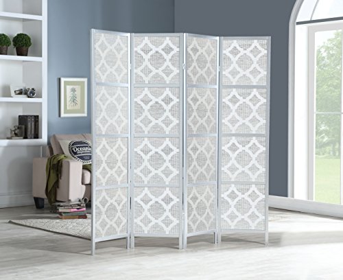 Roundhill Furniture Quarterfoil Infused Diamond Design 4-Panel Room Divider, Silver