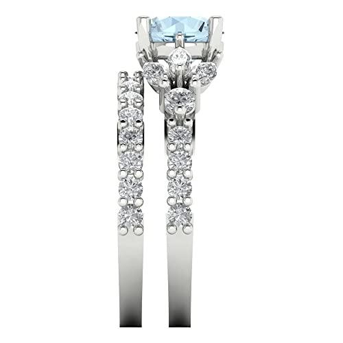 Clara Pucci 2.72ct Round Cut Custom Marquise 3 stone Sky Blue Topaz Engagement Wedding Bridal Ring Band set 18K White Gold Size 5.75